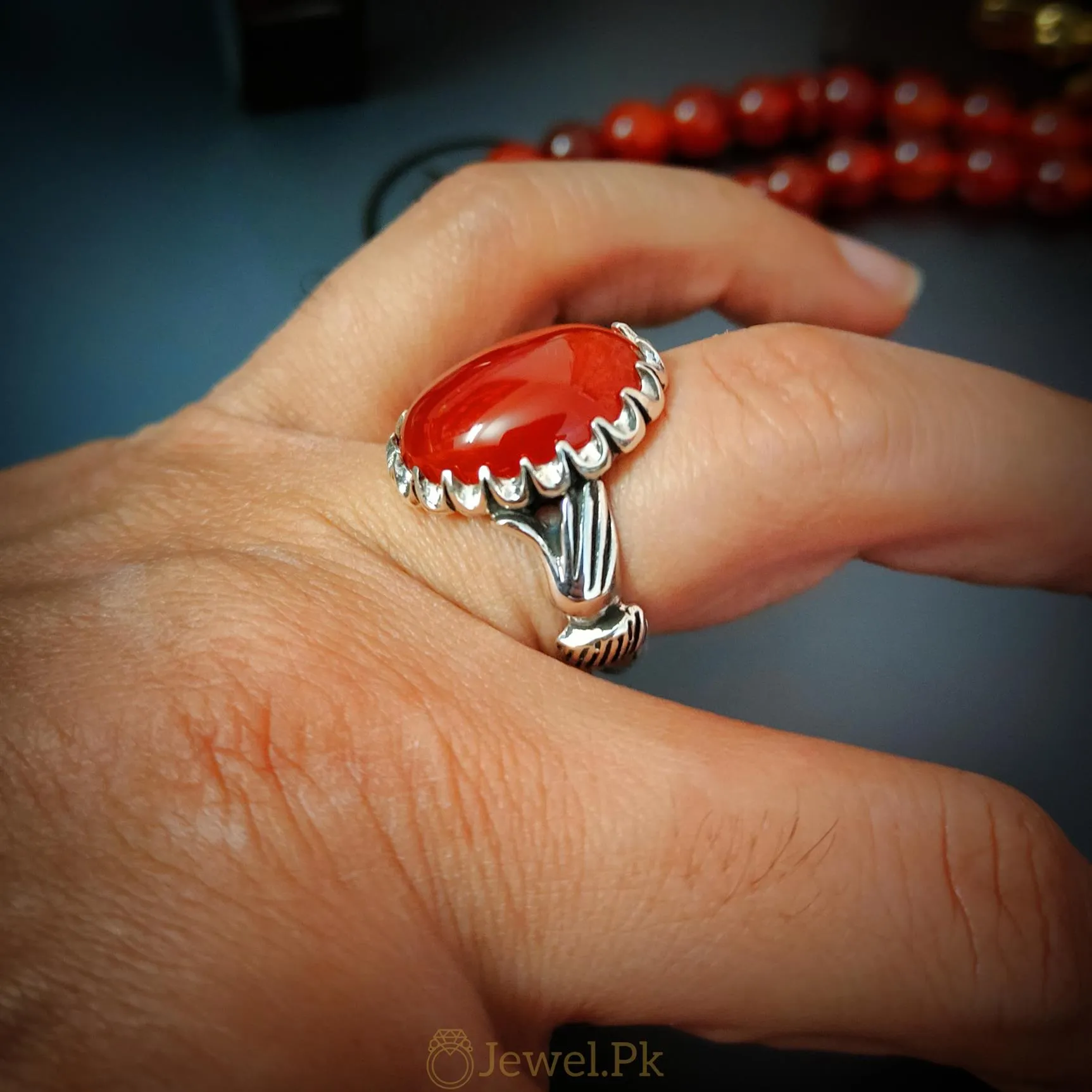 Red Aqeeq Agate Ring 925 Silver Yemeni Aqeeq