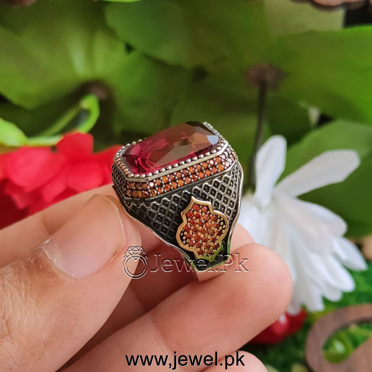 Turkish Ring - Red Zircon - Silver 925 (Chandi) Heavy Ring